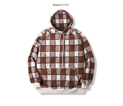 오버핏 양털 뽀글이 체크무늬 후드티셔츠 브라운 ~1 헬로마켓