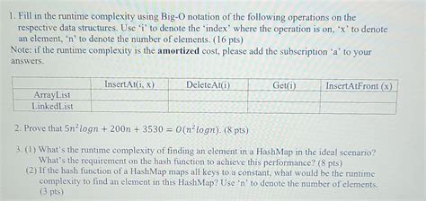 solved 1 fill in the runtime complexity using big o