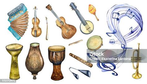 라틴 민속 악기 세트는 흰색 배경에 분리된 수채화 그림이다 손으로 그린 아코디언 드럼 고음 음자리표 음악 프로젝트를 위한 요소