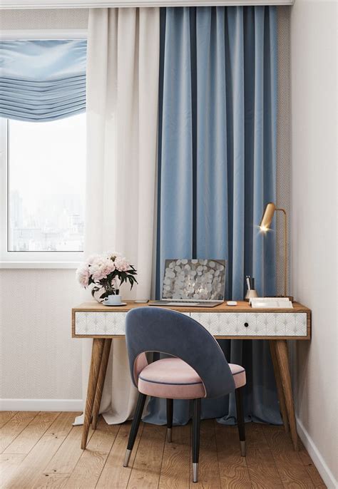 Рабочее место у окна Тканевые шторы Интерьер Текстильный дизайн