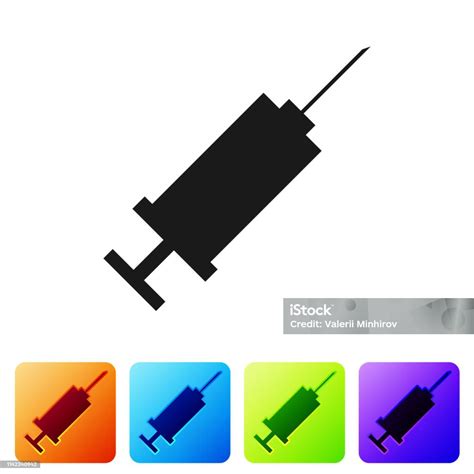 검은 색 주사기 아이콘 흰색 배경에 고립입니다 백신 백신 접종 주사 독감 주사를 위한 주사기 의료 장비 색상 사각형 버튼에 아이콘을 설정 합니다 벡터 일러스트 0명에 대한