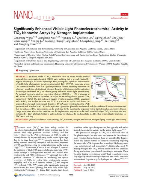 Pdf Significantly Enhanced Visible Light Photoelectrochemical Activity In Tio2 Nanowire Arrays