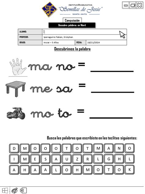 Ficha 5 Años Descubro Palabras En Word Pdf