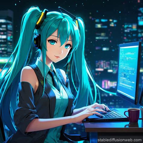 Hatsune Miku Typing At Night Stable Diffusion Online