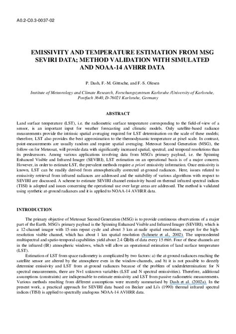Pdf Emissivity And Temperature Estimation From Msg Seviri Data