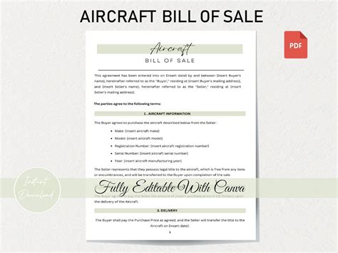 Editable Aircraft Bill Of Sale Template Printable Pdf Canva