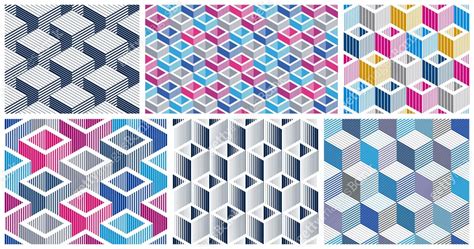 Geometric 3d Seamless Patterns With Lined Cubes Stripy Boxes Blocks Vector Backgrounds Set
