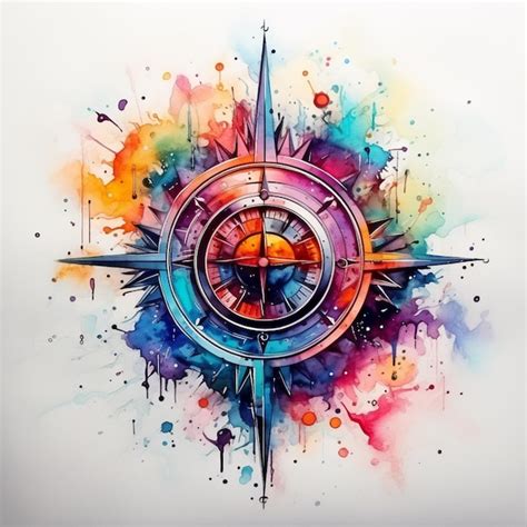 Premium Photo A Brightly Colored Compass Tattoo Design On A White Background Generative Ai