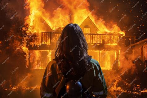 Premium Ai Image Firefighter Woman Team Burning House Generate Ai