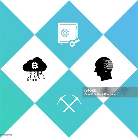Set Cryptocurrency Cloud Mining Crossed Pickaxe Proof Of Stake And Brain As Digital Circuit