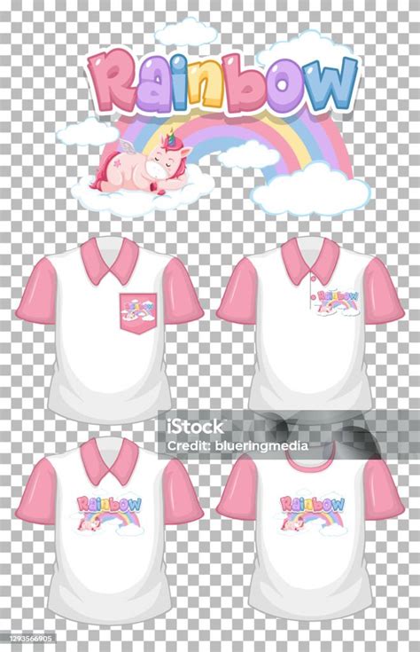 투명한 배경에 분홍색 반소매가 새겨진 무지개 로고와 화이트 셔츠 세트가 있는 유니콘 0명에 대한 스톡 벡터 아트 및 기타 이미지 0명 T 셔츠 남녀공용 Istock