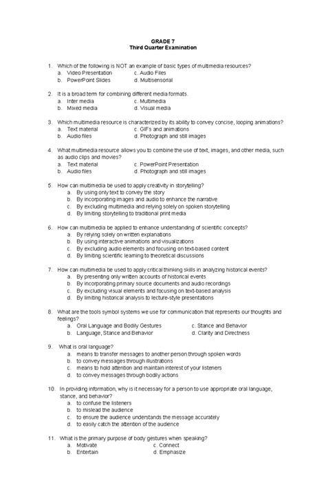 Exam Questions Grade 7 Test Questionnaire For 3rd Grading Grade 7