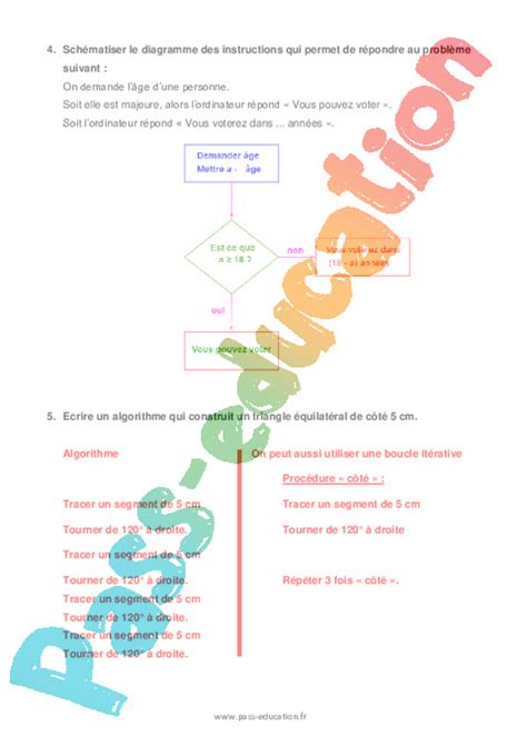 Découvrir les algorithmes Exercices avec les corrections ere Secondaire Cycle PDF à