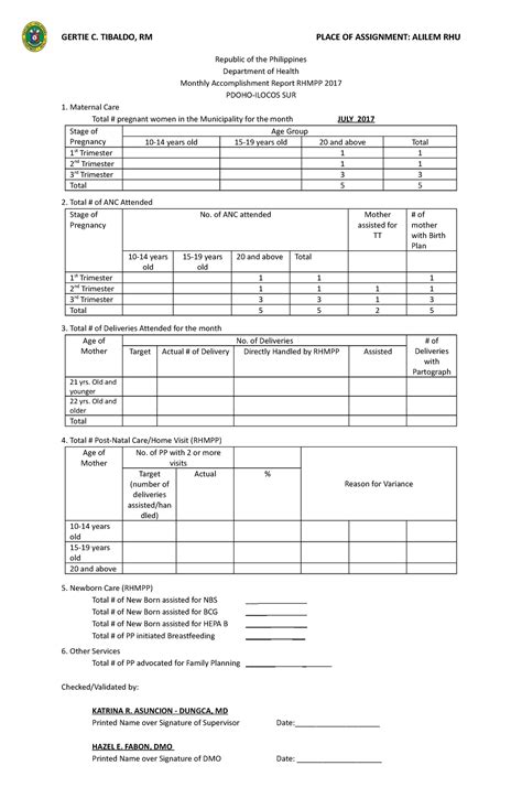 Rhmpp Accomplishment Gertie C Tibaldo Rm Place Of Assignment Alilem Rhu Republic Of The