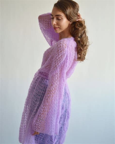 Purple Lilac Mohair Cardigan Long Kimono Cardigan Loose Handknit