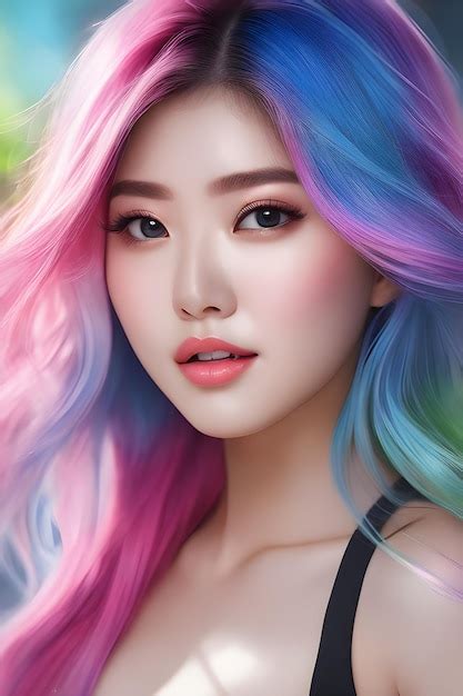 Premium Ai Image Beautiful Asian Girl With Rainbow Hair