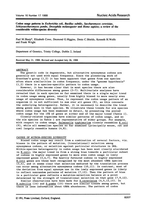 Codon Usage Patterns In Escherichia Coli Bacillus Subtilis