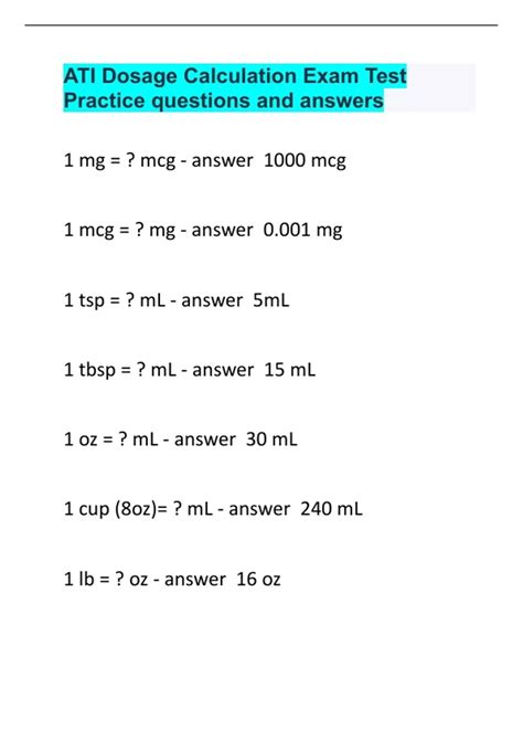 Ati Dosage Calculation Exam Test Practice Questions And Answers Dosage Calculation Stuvia Us
