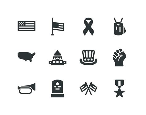 Memorial Day And Veterans Day Solid Icon Set With Flag And Military