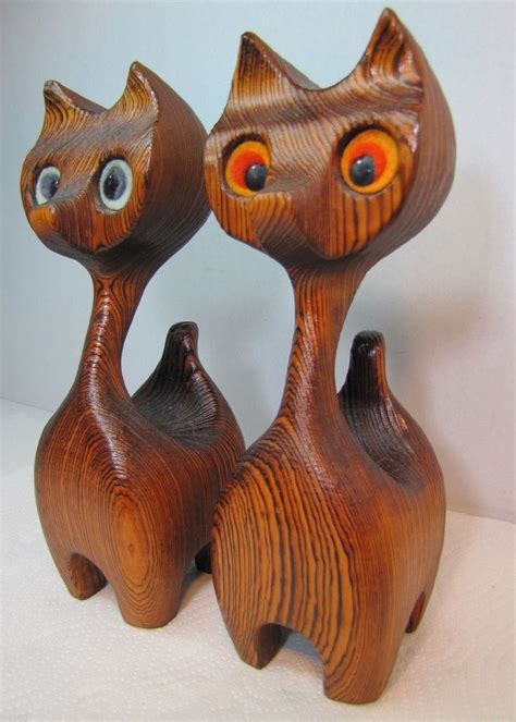 Mid Century Modern Pair Hand Crafted Wooden Cats Witco Tiki Ornate Detailing Mcm • 595 00