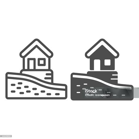 지상 절단 및 집 기초 라인과 단단한 아이콘 건설 개념 벡터 그래픽입니다 흰색 배경에 별장 건물 표지판에 대한 기초 계획 모바일 또는 웹 디자인에 대한 개요 스타일 아이콘