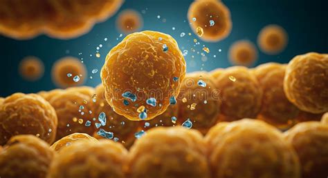 Visualizing Microscopic Cells Floating With Gold And Blue Particles Under Observation Stock