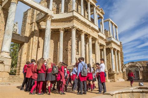 School Class Dressed In Uniform In The Historic Roman Theater Of Merida