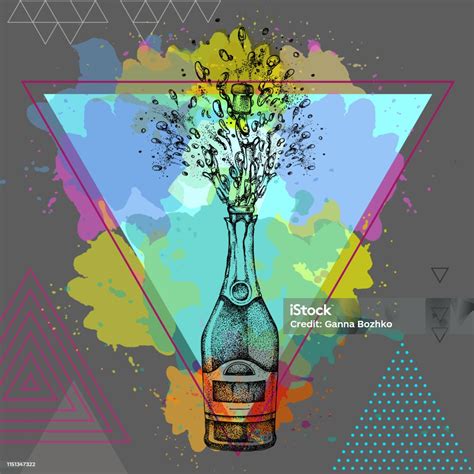 예술 다각형 수채화 배경에 스플래시와 샴페인 병의 그림을 그리는 손 0명에 대한 스톡 벡터 아트 및 기타 이미지 0명 고풍