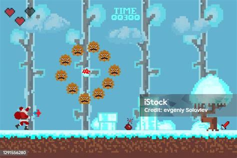 컴퓨터 픽셀 게임 인터페이스 산타 클로스 캐릭터 8 비트 보기 비디오 게임에서 영웅 전투 눈이 있는 픽셀 겨울 2차 도형에 대한