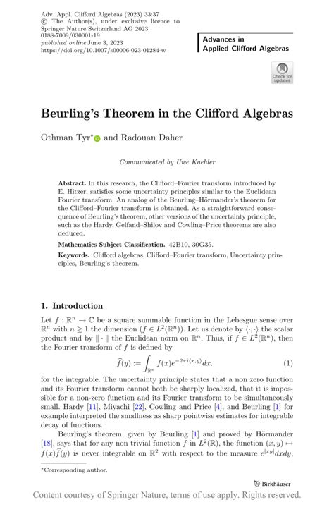 Beurlings Theorem In The Clifford Algebras Request Pdf