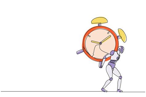 Continuous One Line Drawing Robots Standing And Carry Heavy Huge Alarm Clock Humanoid Robot