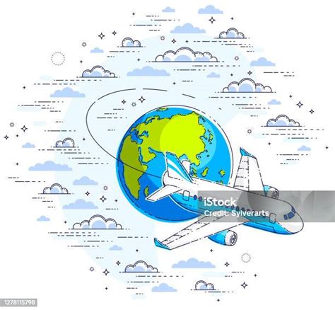 구름으로 둘러싸인 하늘에 지구 행성이있는 비행기 여객기 항공사 항공 여행 일러스트레이션 흰색 배경 위에 격리 된 아름다운 얇은 선 벡터 3차원 형태에 대한 스톡 벡터 아트