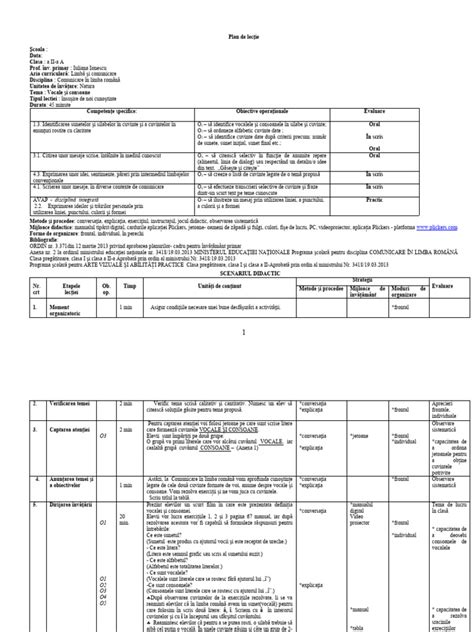 Vocale Si Consoane Plan Lectie Cls Ii Clr Pdf