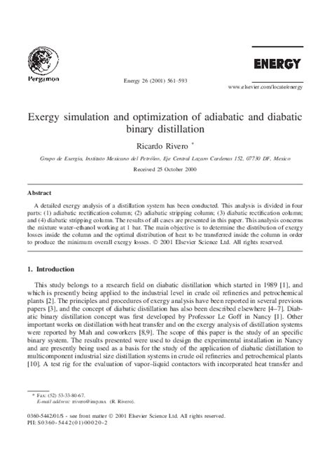 Pdf Exergy Simulation And Optimization Of Adiabatic And Diabatic Binary Distillation