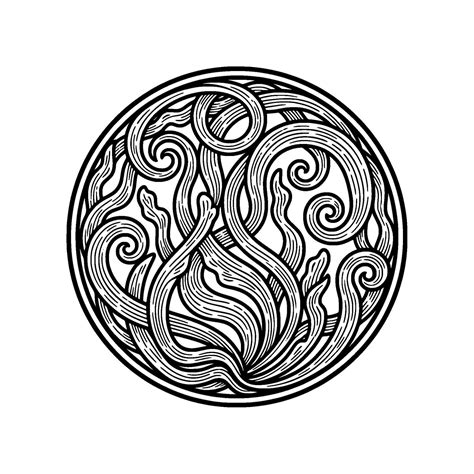 Intricate Circular Emblem Depicting Stylized Flame Patterns Within A