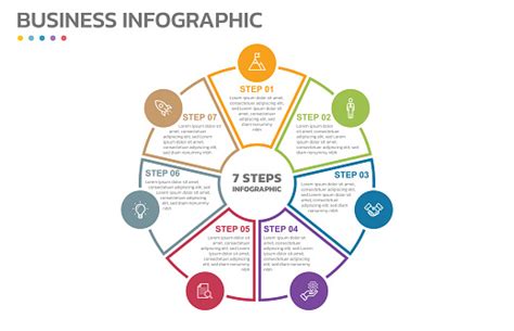 시각적 데이터 표시 7가지 옵션이 있는 사이클 다이어그램 파이 차트 서클 가는 선 인포그래픽 템플릿입니다 사업 개념 섹터가 있는 편집 가능한 원형 차트입니 0명에 대한 스톡