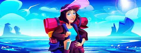 여행 하이킹 모험 만화 스타일 산이 있는 화창한 여름 바다 풍경을 배경으로 하이킹을 하는 젊은 관광객 Girl Scout에 대한 스톡 벡터 아트 및 기타 이미지 Istock