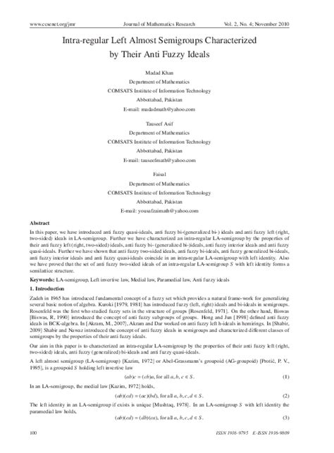 Pdf Intra Regular Left Almost Semigroups Characterized By Their Anti Fuzzy Ideals