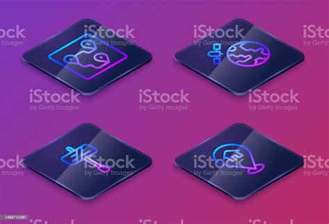 아이소메트릭 라인 경로 위치 도로 교통 표지판 행성 궤도를 도는 위성 및 집이 있는 위치를 설정합니다 파란색 사각형 버튼입니다 벡터 0명에 대한 스톡 벡터 아트 및 기타