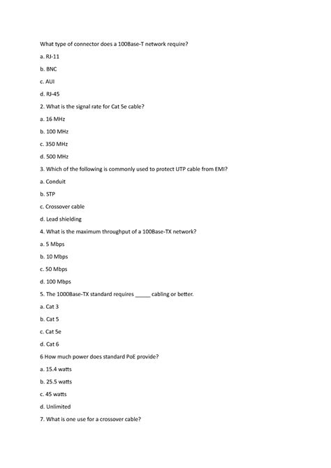 networks topic 2 revision questions mcqs what type of connector does