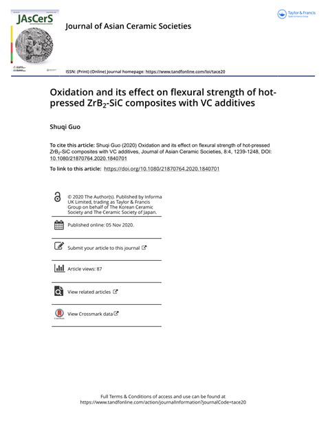 Pdf Oxidation And Its Effect On Flexural Strength Of Hot Pressed Zrb 2 Sic Composites With Vc
