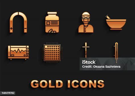 프로세서 박격포 및 유봉 기상 온도계 측정 피펫 심전도가 있는 컴퓨터 모니터 조수 자석 및 약병 알약 아이콘을 설정합니다 벡터 Cpu에 대한 스톡 벡터 아트 및 기타 이미지