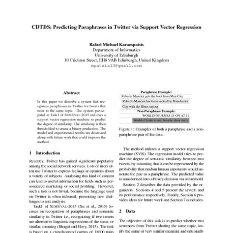 Cdtds Predicting Paraphrases In Twitter Via Support Vector Regression Acl Anthology
