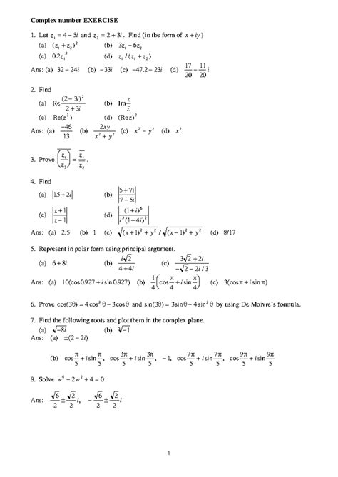math complex tutorial 1 complex number exercise let z 1 4 5 iand z