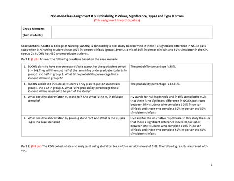 N3520 In Class Assignment 3 Probability P Values Worksheet N3520 In