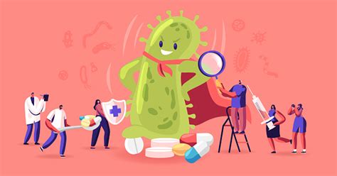 붉은 슈퍼 히어로 망토를 입고 거대한 녹색 휴머노이드 미생물로부터 자신을 보호하는 사람들의 군중 남성과 여성 캐릭터는 의학 및