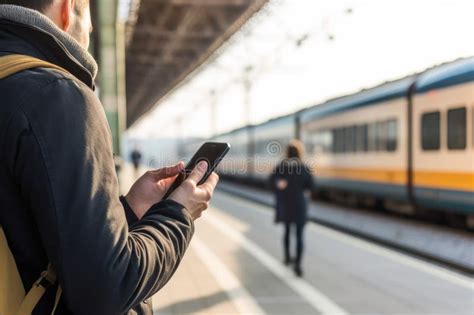 focus hand of human using mobile phone at railway station ai