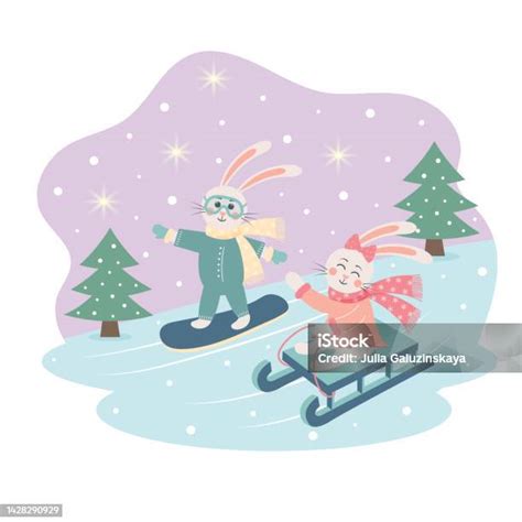 따뜻한 옷 썰매와 스노우 보드에 귀여운 토끼 겨울 인사말 카드 겨울에 대한 스톡 벡터 아트 및 기타 이미지 겨울 계절