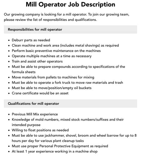 Mill Operator Job Description Velvet Jobs
