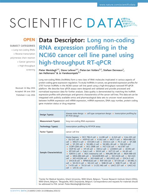 PDF Long Non Coding RNA Expression Profiling In The NCI Cancer Cell Line Panel Using High